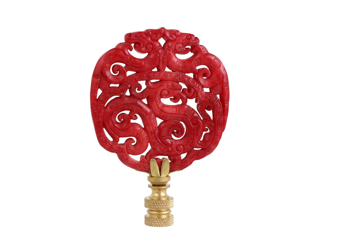 Chinese Dragon Lamp Finial in Red on Brass Hardware - Asian Carved ...