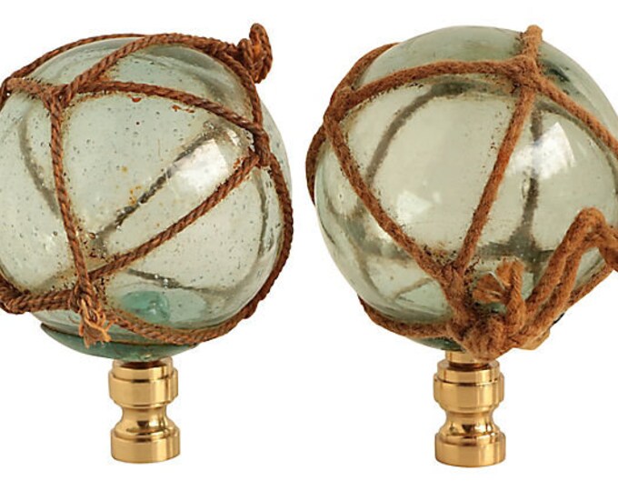 Netted Aqua Glass Lamp Finials on Shiny Brass Bases A Pair - Etsy