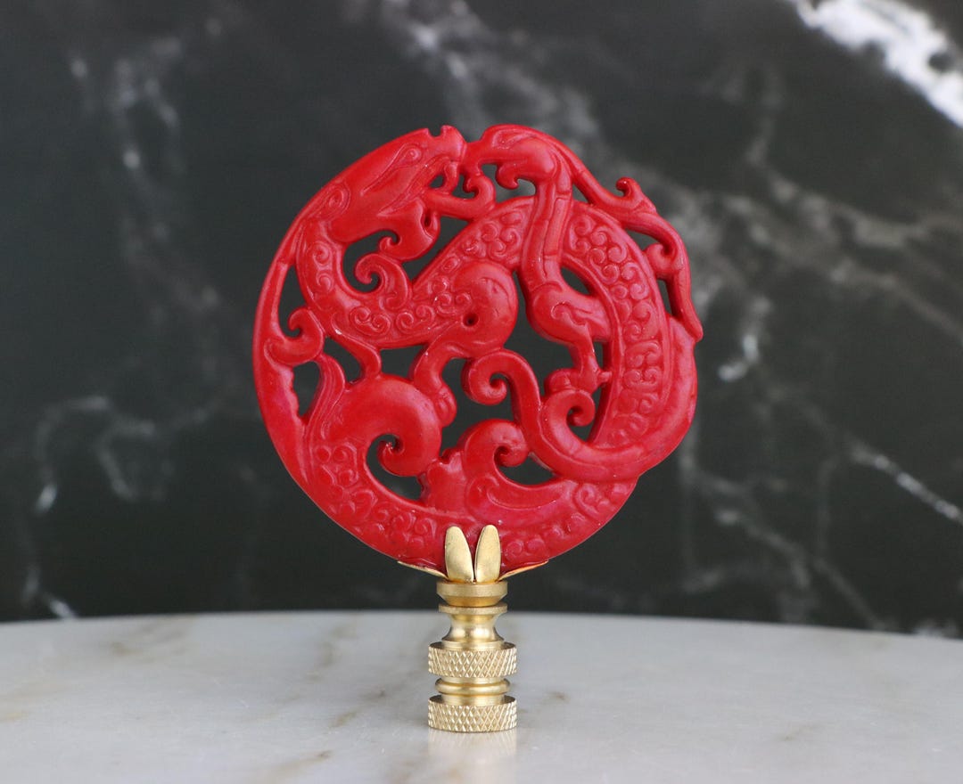 Kissing Dragons Lamp Finial in Red on Brass Hardware - Asian Carved ...