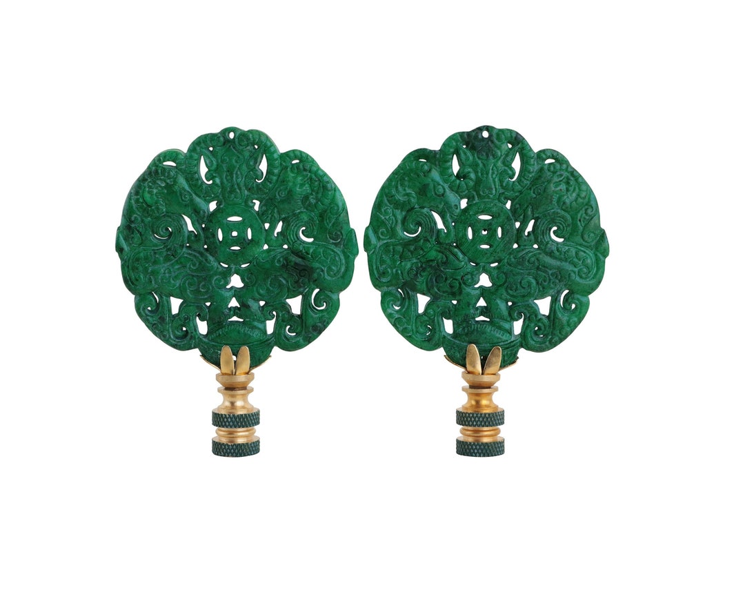 Chinese Rearing Ram Carved Stone Lamp Finials - Jade Green Asian Lamp ...