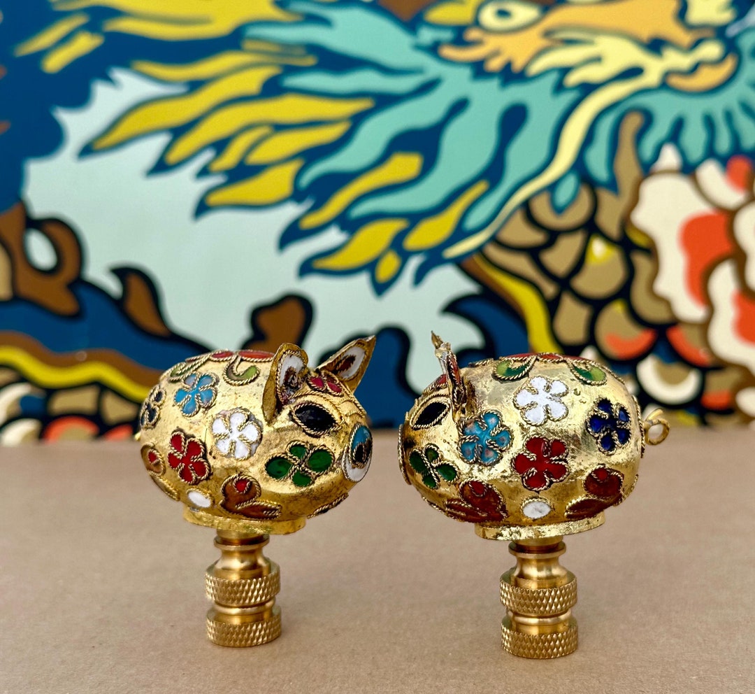Chinese Cloisonné Pig Lamp Finials in Gold on Brass Hardware - A ...