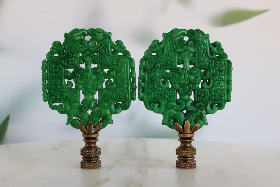 Chinese Archaic Style Carved Stone Lamp Finials - Green Asian Lamp ...