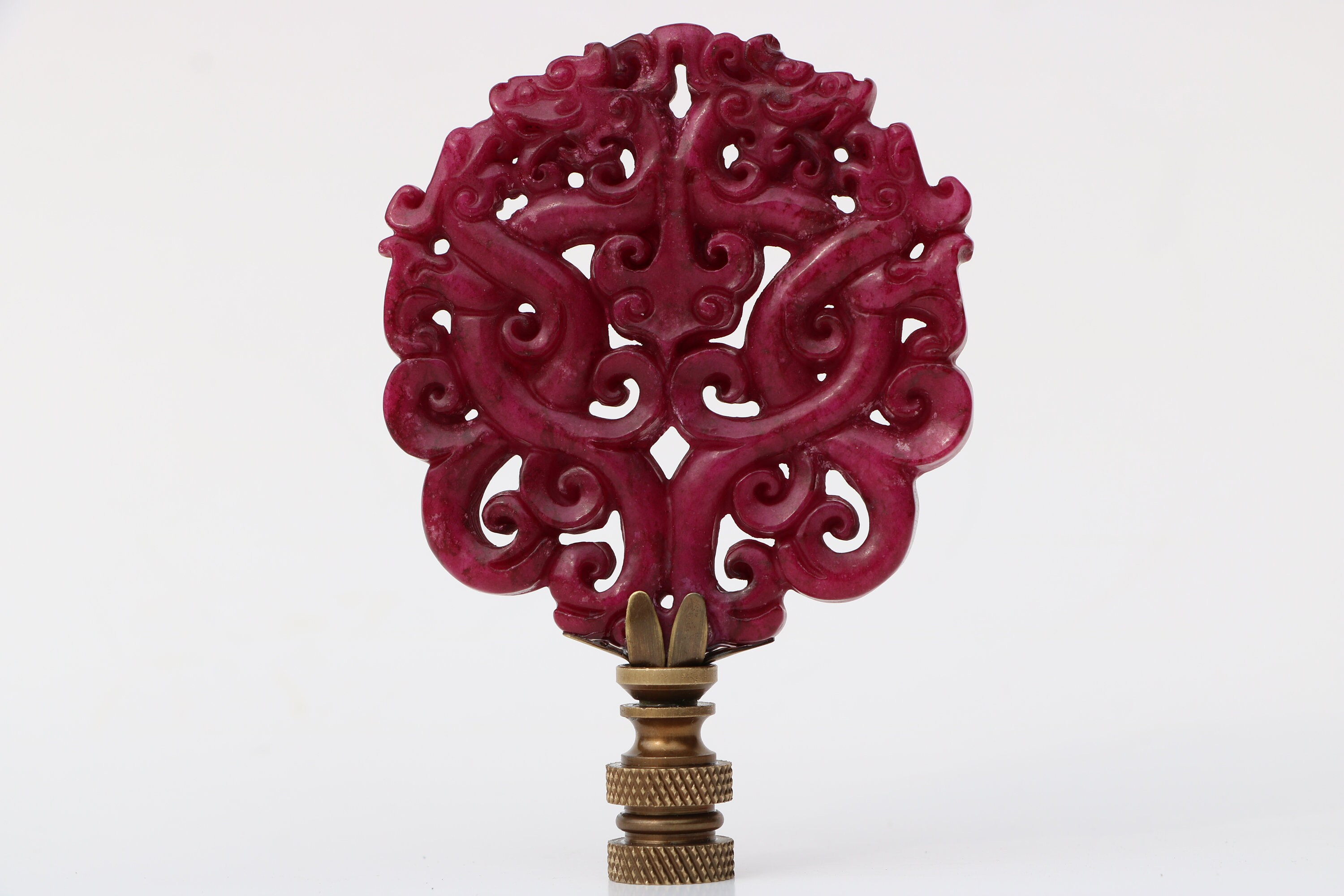 Entwined Dragons Asian Carved Stone Lamp Finial in Deep Pink on Bronze ...