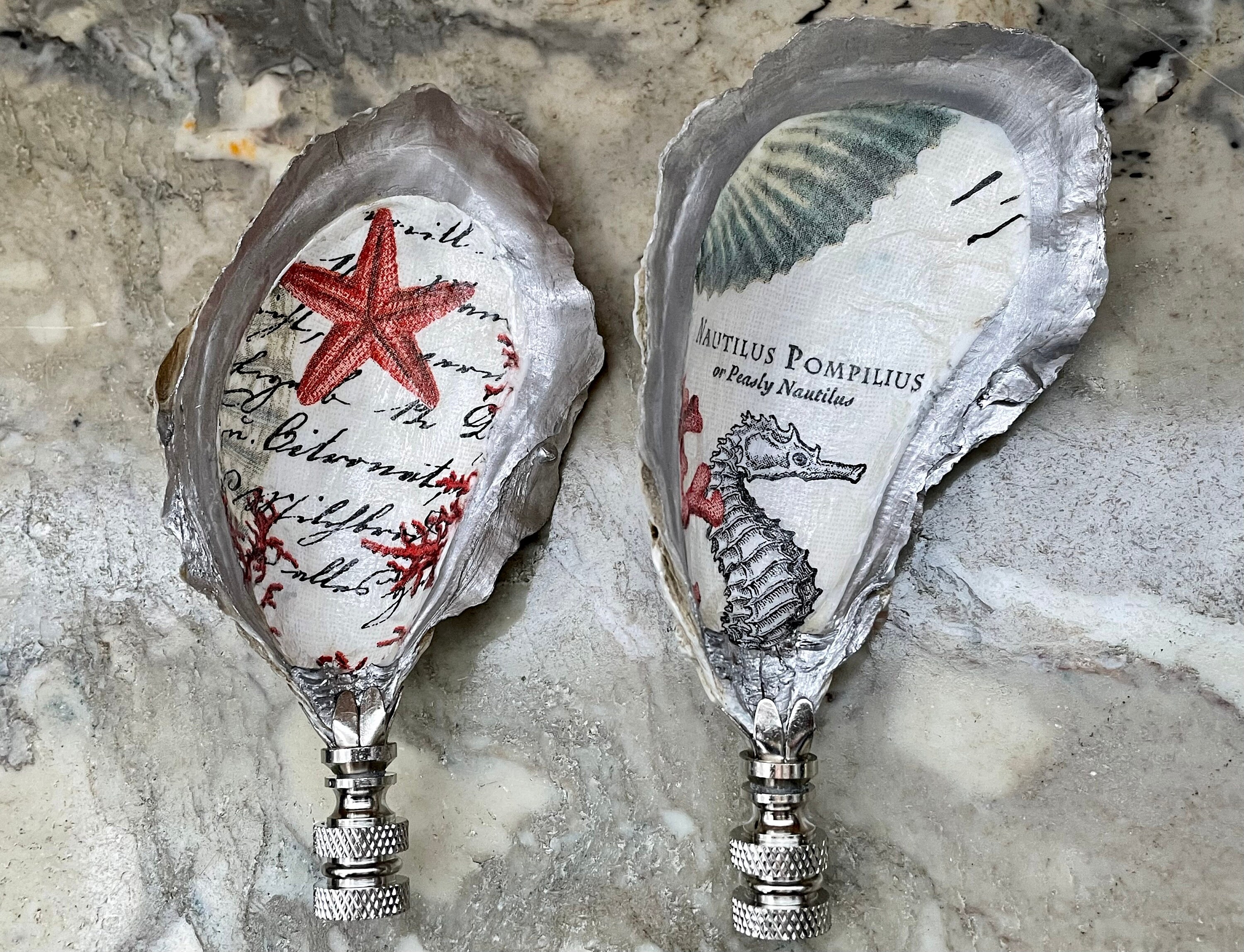 Seafarer's Oyster Sea Shell Lamp Finials in Silver - Natural Decoupaged ...