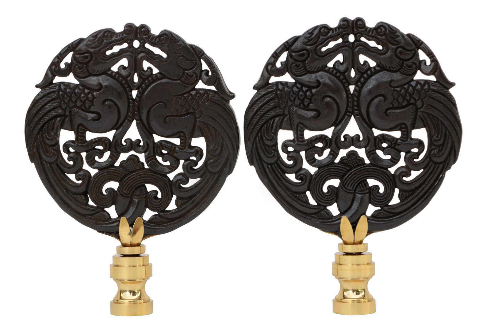 Asian Stone Bird Lamp Finials - Licorice Black on Shiny Brass Bases - A ...