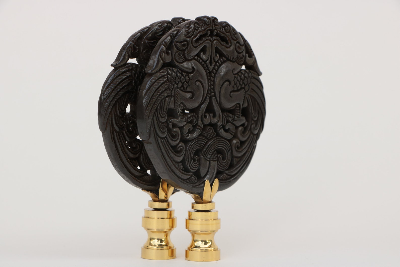 Asian Stone Bird Lamp Finials - Licorice Black on Shiny Brass Bases - A ...