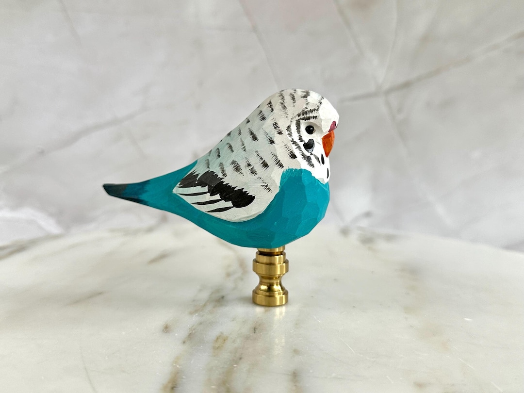 Blue Parakeet Lamp Finial on Brass Hardware - Carved Wood Budgie Lamp ...