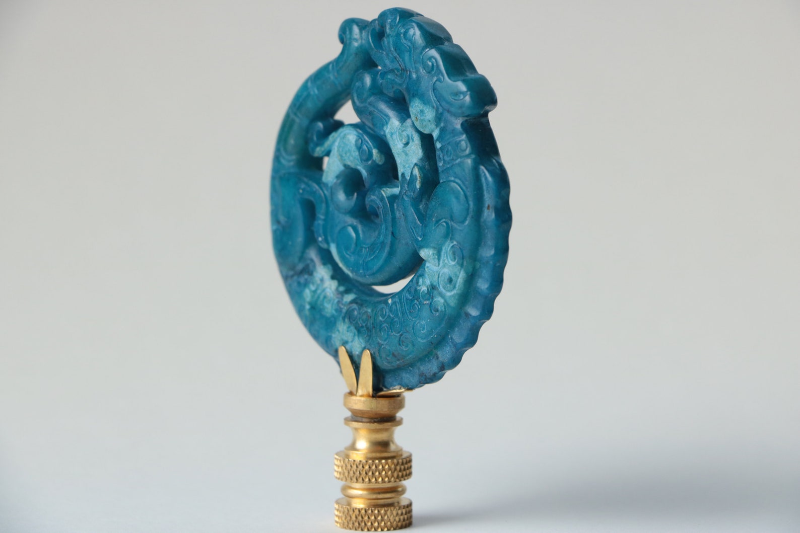 Chinese Ouroboros Carved Stone Lamp Finial - Cerulean Blue Dragon on ...