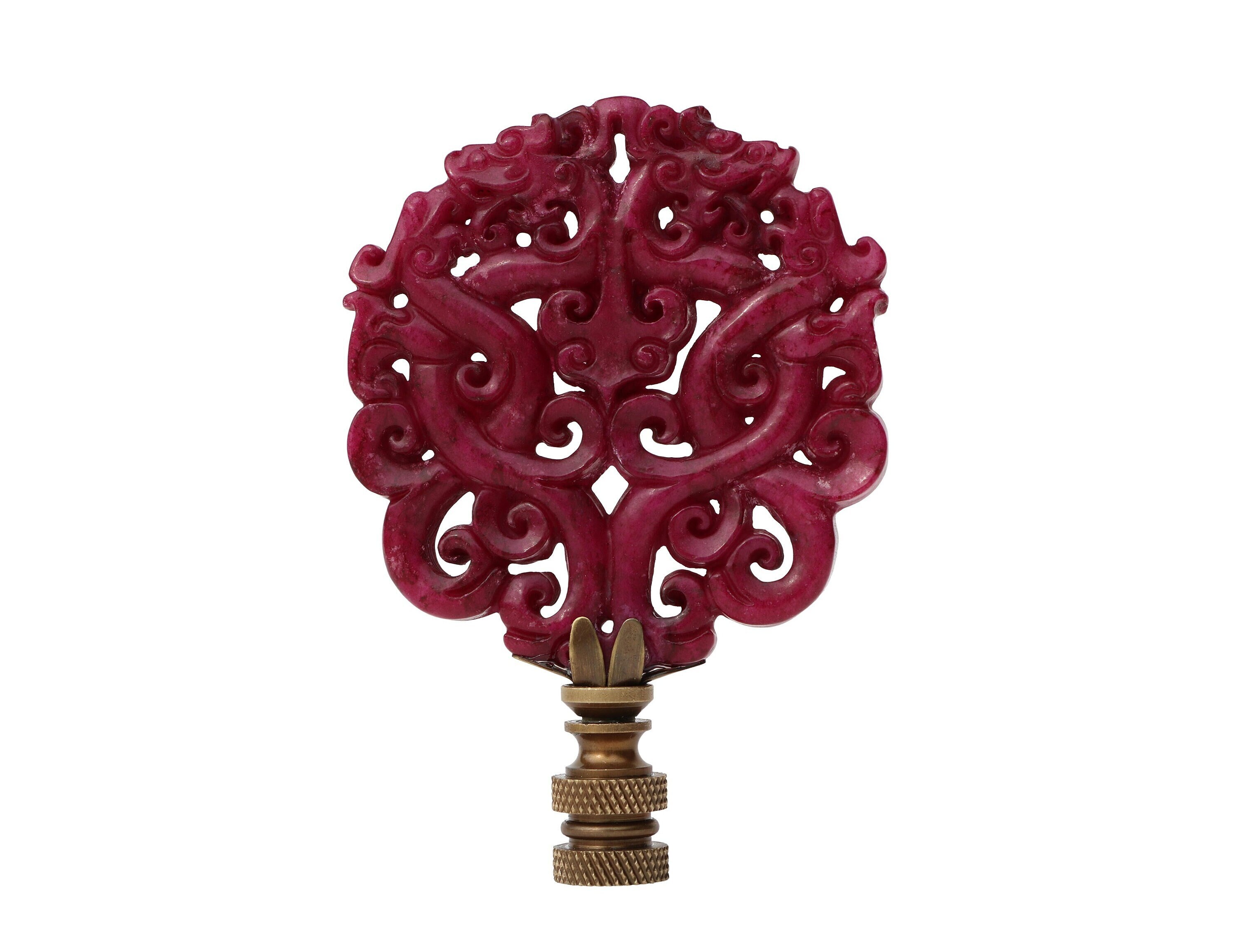 Entwined Dragons Asian Carved Stone Lamp Finial in Deep Pink on Bronze ...