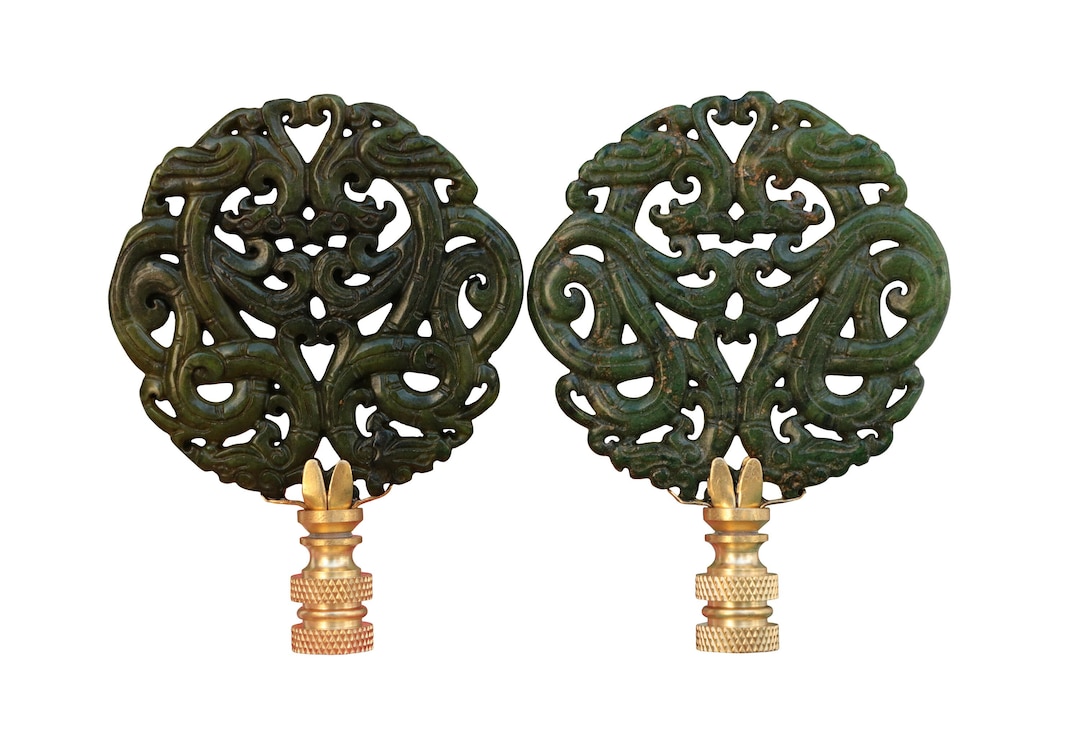 Entwined Dragon Chinoiserie Lamp Finials - Juniper Green Carved Stone ...