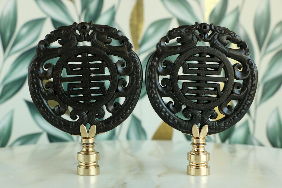 Longevity Symbol Carved Stone Lamp Finials in Black & Gold on Golden ...