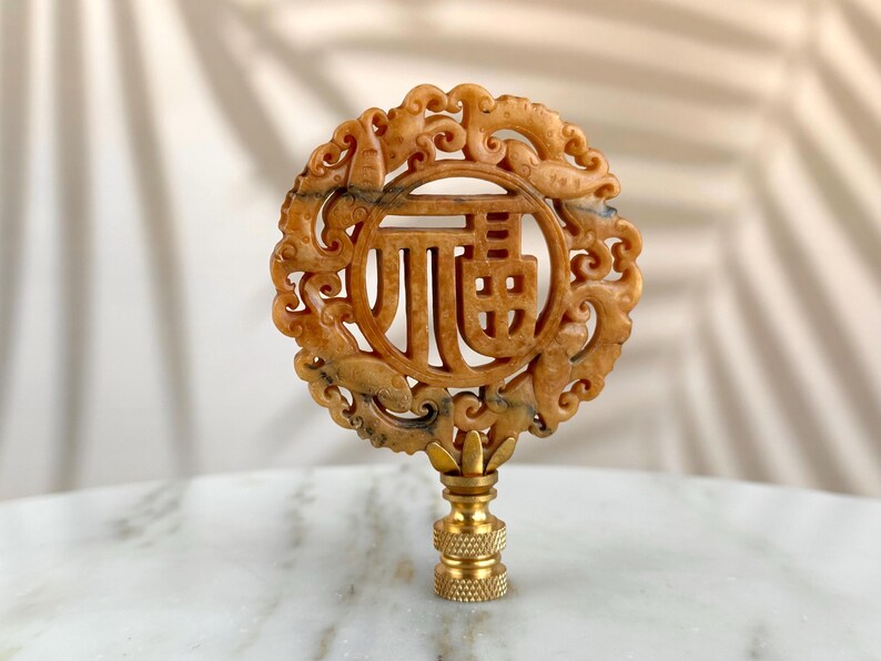 Chinese Good Fortune Symbol Carved Stone Lamp Finials in Light Clay on ...