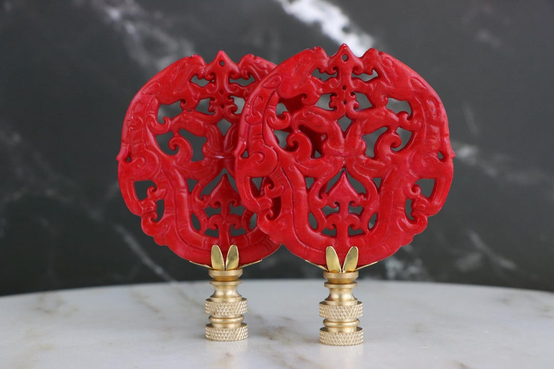 Red Dragon Lamp Finials on Brass Hardware - A Matching Pair of Carved ...