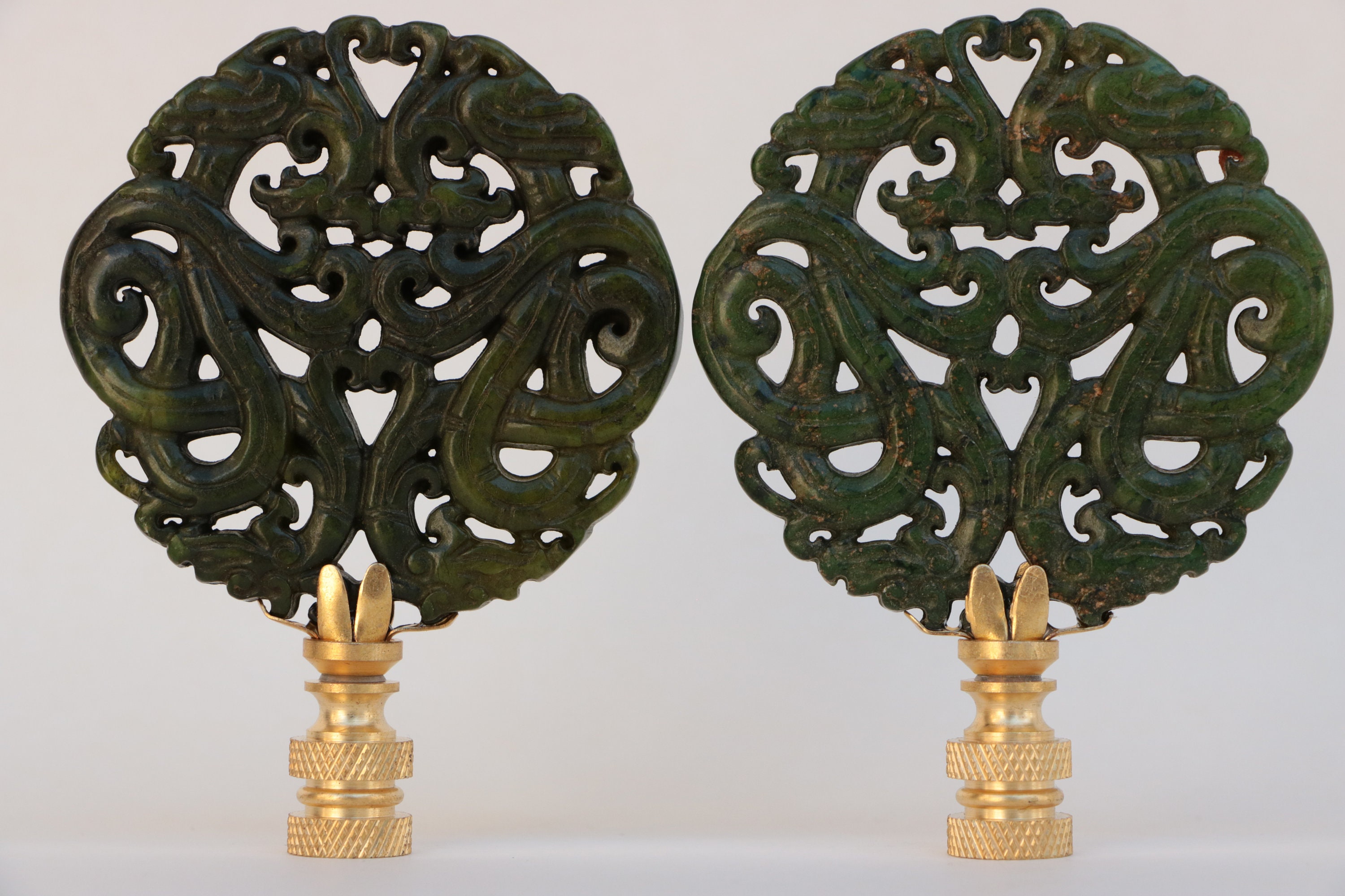 Entwined Dragon Chinoiserie Lamp Finials - Juniper Green Carved Stone ...
