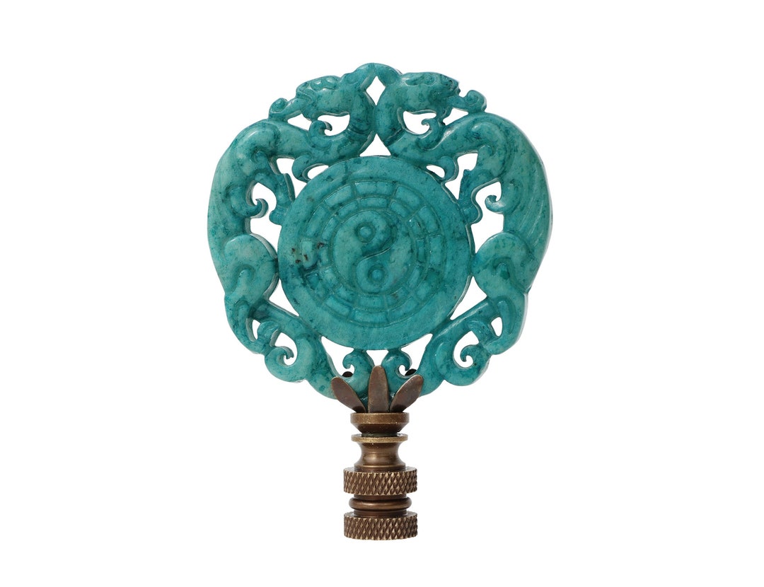 Chinese Yin and Yang Symbol Carved Stone Lamp Finial Teal on Bronze ...
