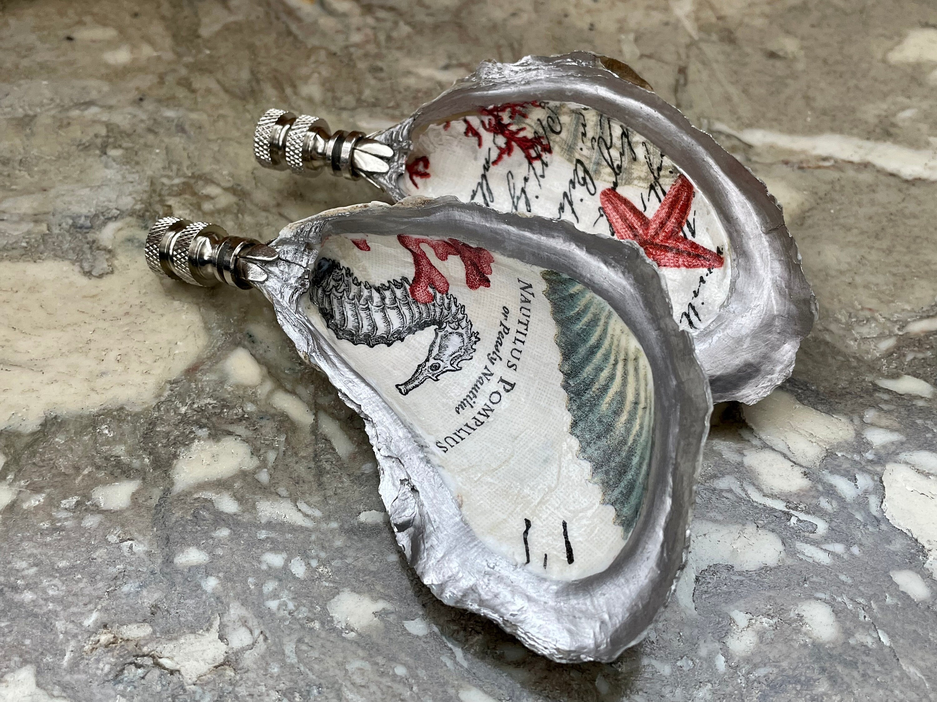 Seafarer's Oyster Sea Shell Lamp Finials in Silver - Natural Decoupaged ...
