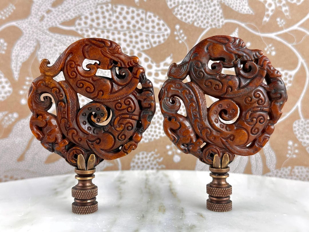 Prancing Dragon Chinese Carved Stone Lamp Finials in Dark Brown on ...