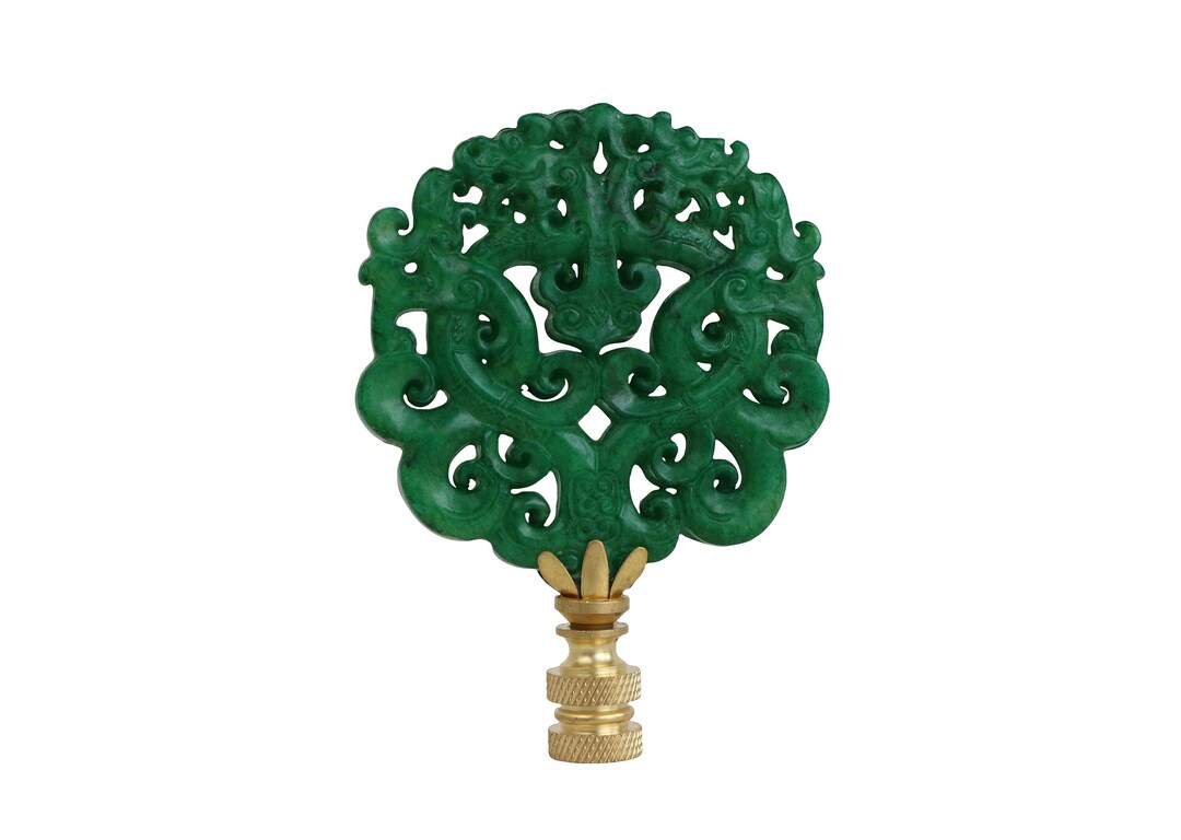 Chinoiserie Scrolled Stone Lamp Finial - Jade Green on Brass Hardware ...