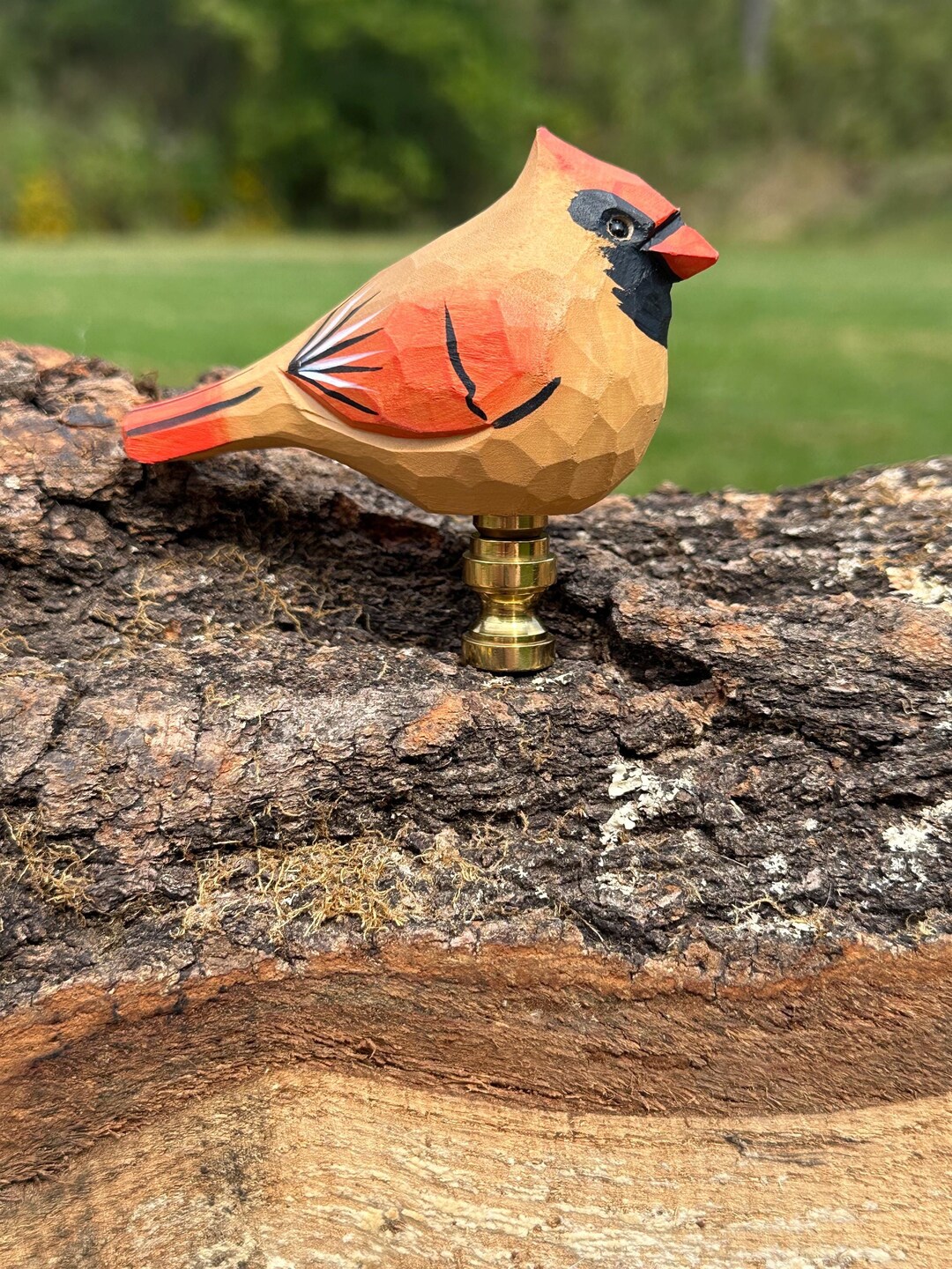 Northern Cardinal Lamp Finial on Brass Hardware - Carved Wood Bird Lamp ...