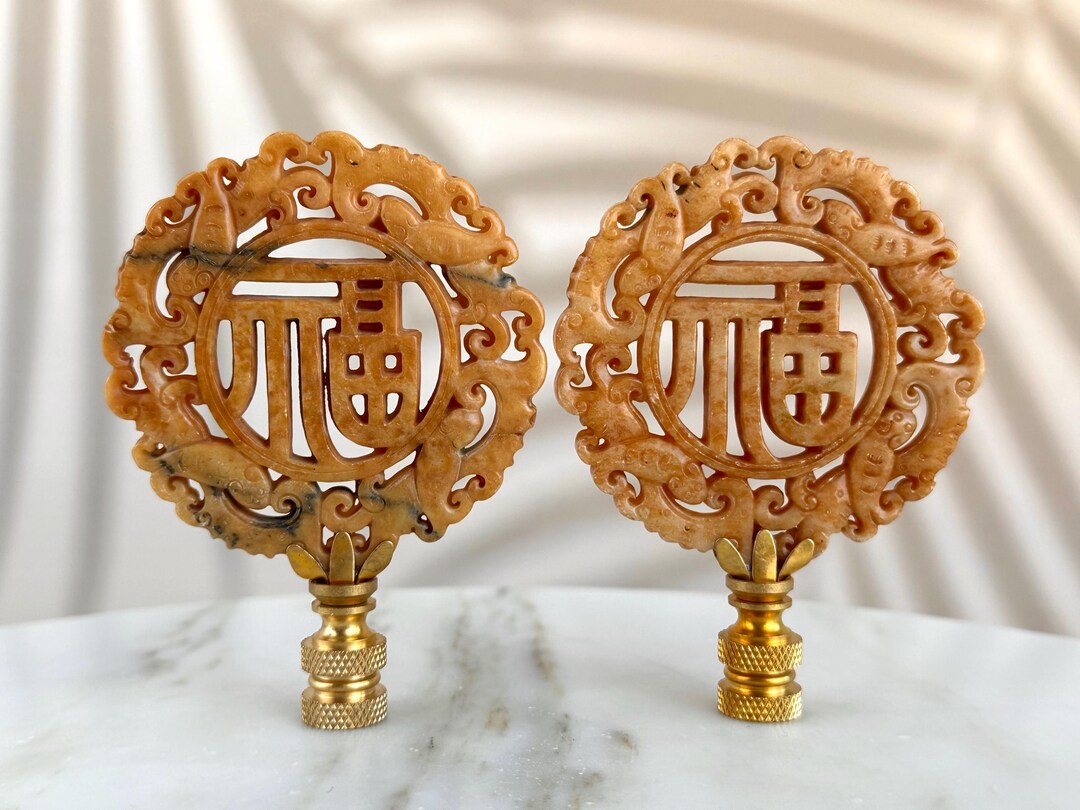 Chinese Good Fortune Symbol Carved Stone Lamp Finials in Light Clay on ...