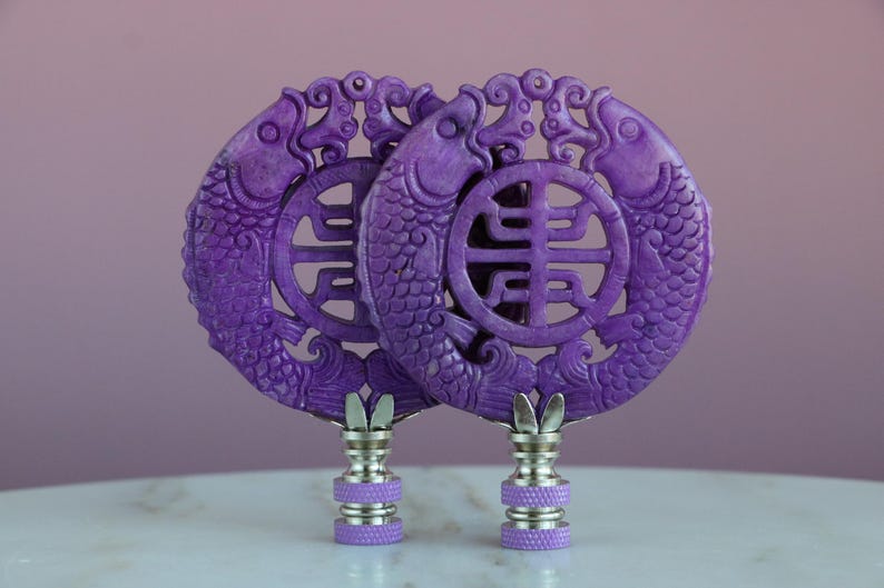 Kissing Koi Fish Asian Lamp Finials on Chrome Hardware in Purple - A ...