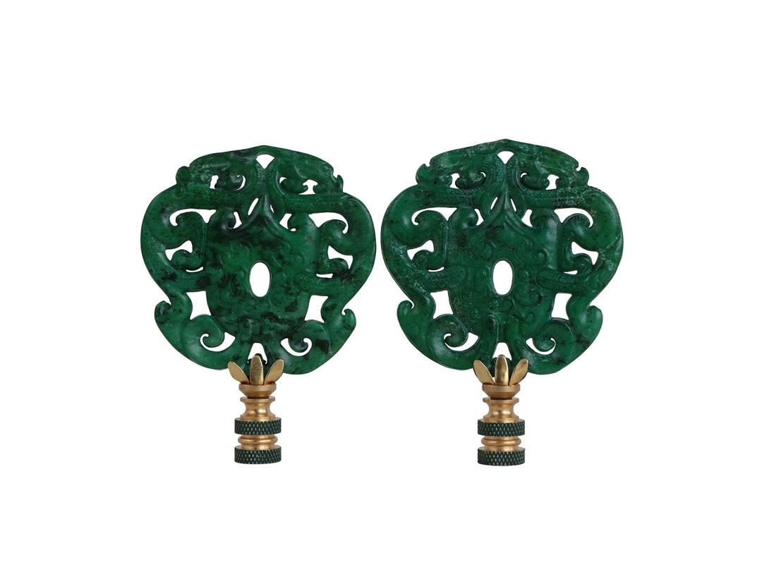 Chinese Carved Stone Crest Lamp Finials - Dappled Jade Green Asian Lamp ...