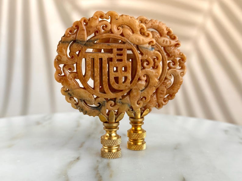 Chinese Good Fortune Symbol Carved Stone Lamp Finials in Light Clay on ...