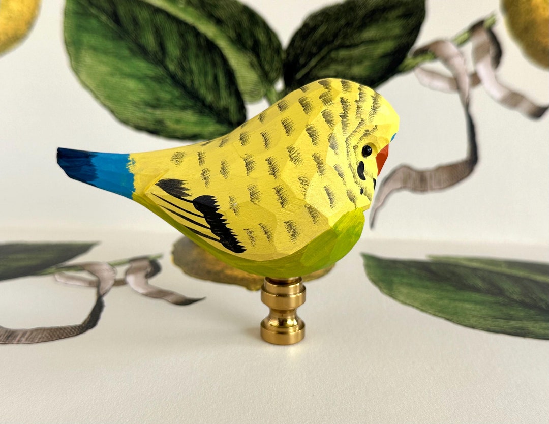 Green Parakeet Lamp Finial on Brass Hardware - Carved Wood Budgie Lamp ...