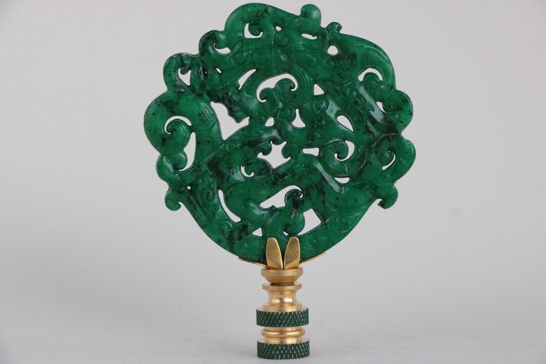 Chinoiserie Scrolled Stone Lamp Finials - Dappled Jade Green Asian Lamp ...