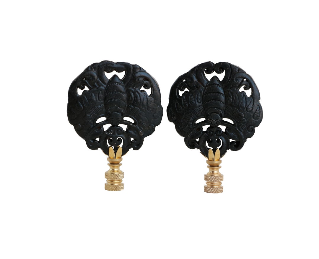 Asian Butterfly Carved Stone Lamp Finials in Black on Brass Hardware ...