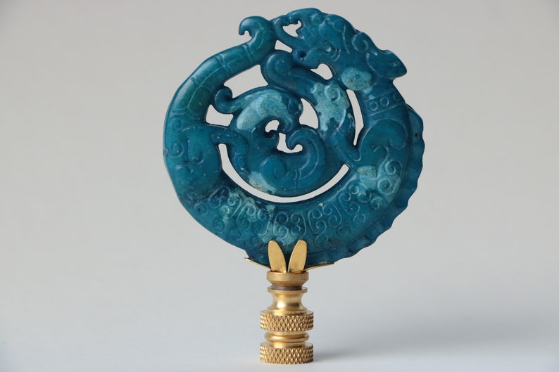 Chinese Ouroboros Carved Stone Lamp Finial - Cerulean Blue Dragon on ...