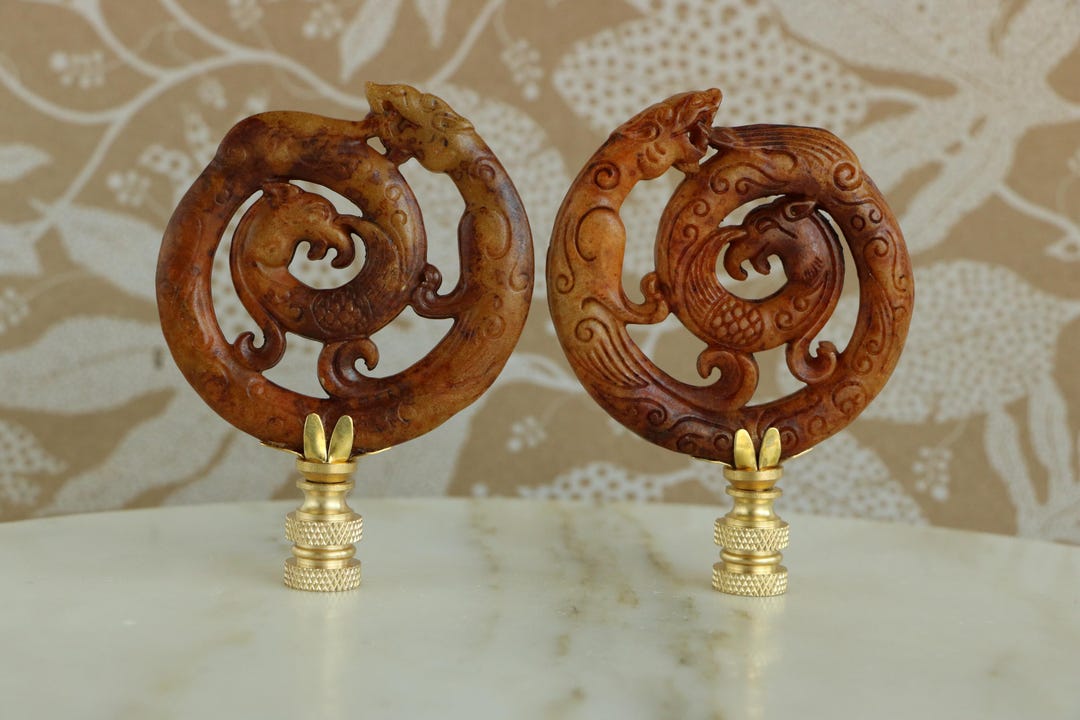 Dragon Ouroboros Carved Stone Lamp Finials in Brown on Brass Hardware ...