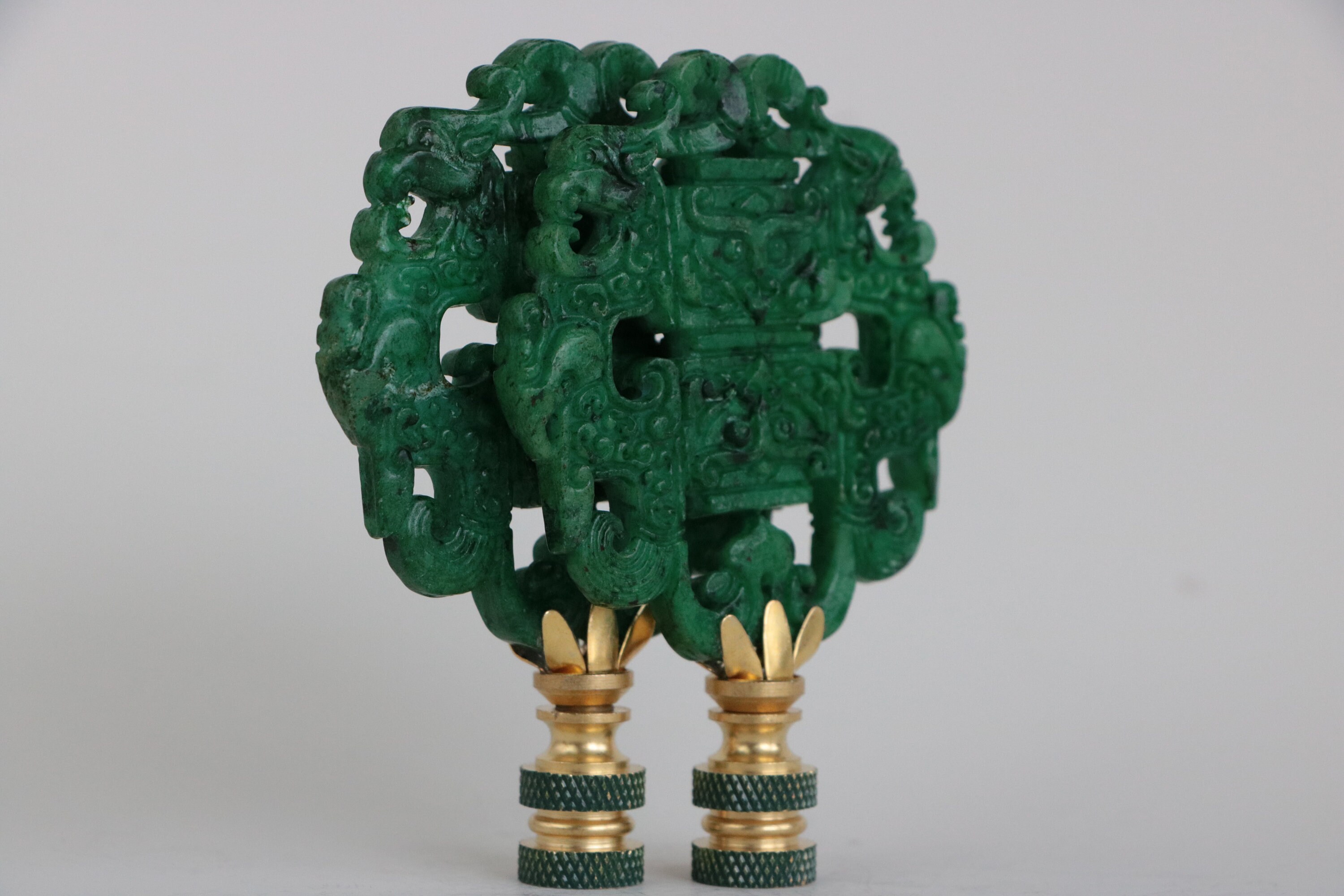 Chinese Archaic Style Carved Stone Lamp Finials - Deep Jade Green Asian ...