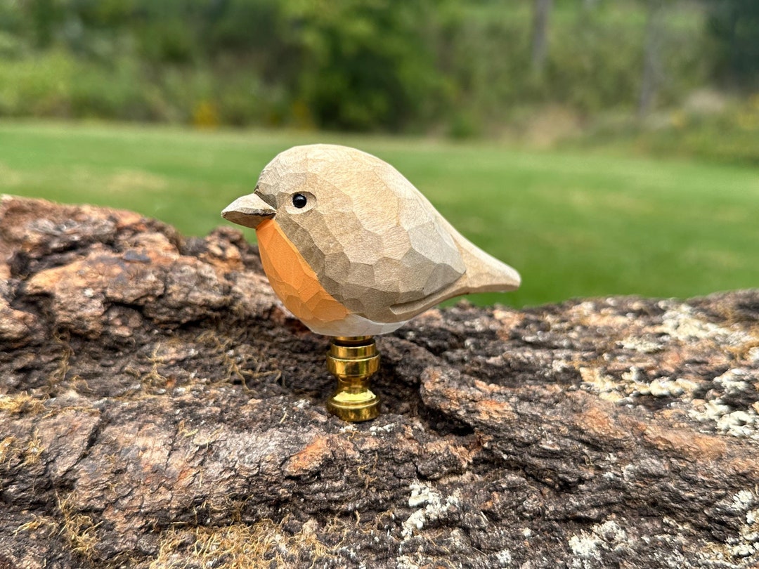 Plump Robin Lamp Finial on Brass Hardware - Carved Wood Bird Lamp ...