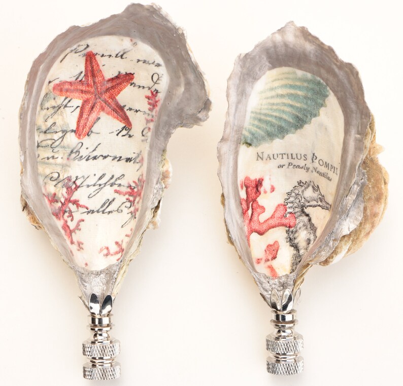 Seafarer's Oyster Sea Shell Lamp Finials in Silver - Natural Decoupaged ...