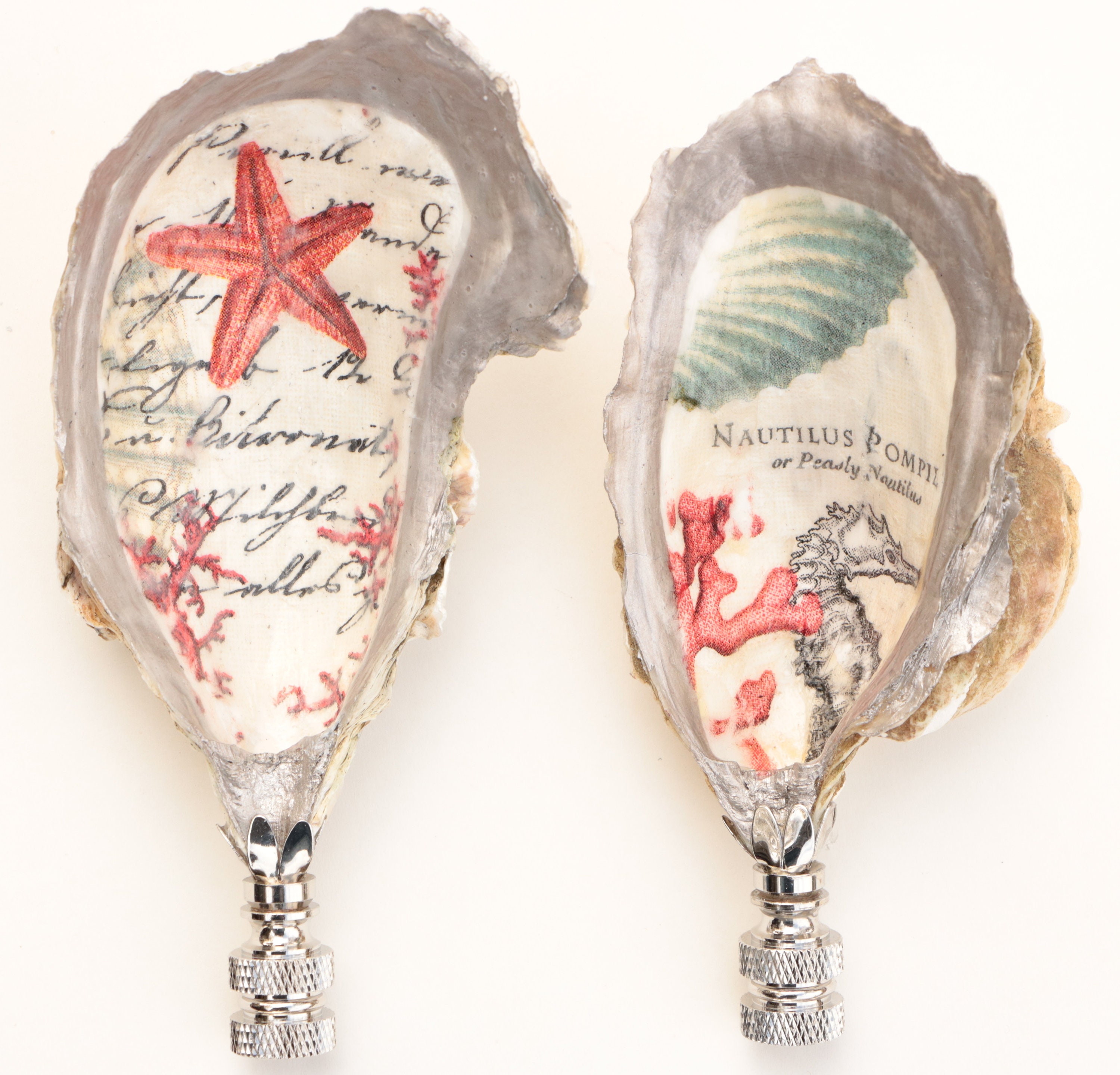 Seafarer's Oyster Sea Shell Lamp Finials in Silver - Natural Decoupaged ...
