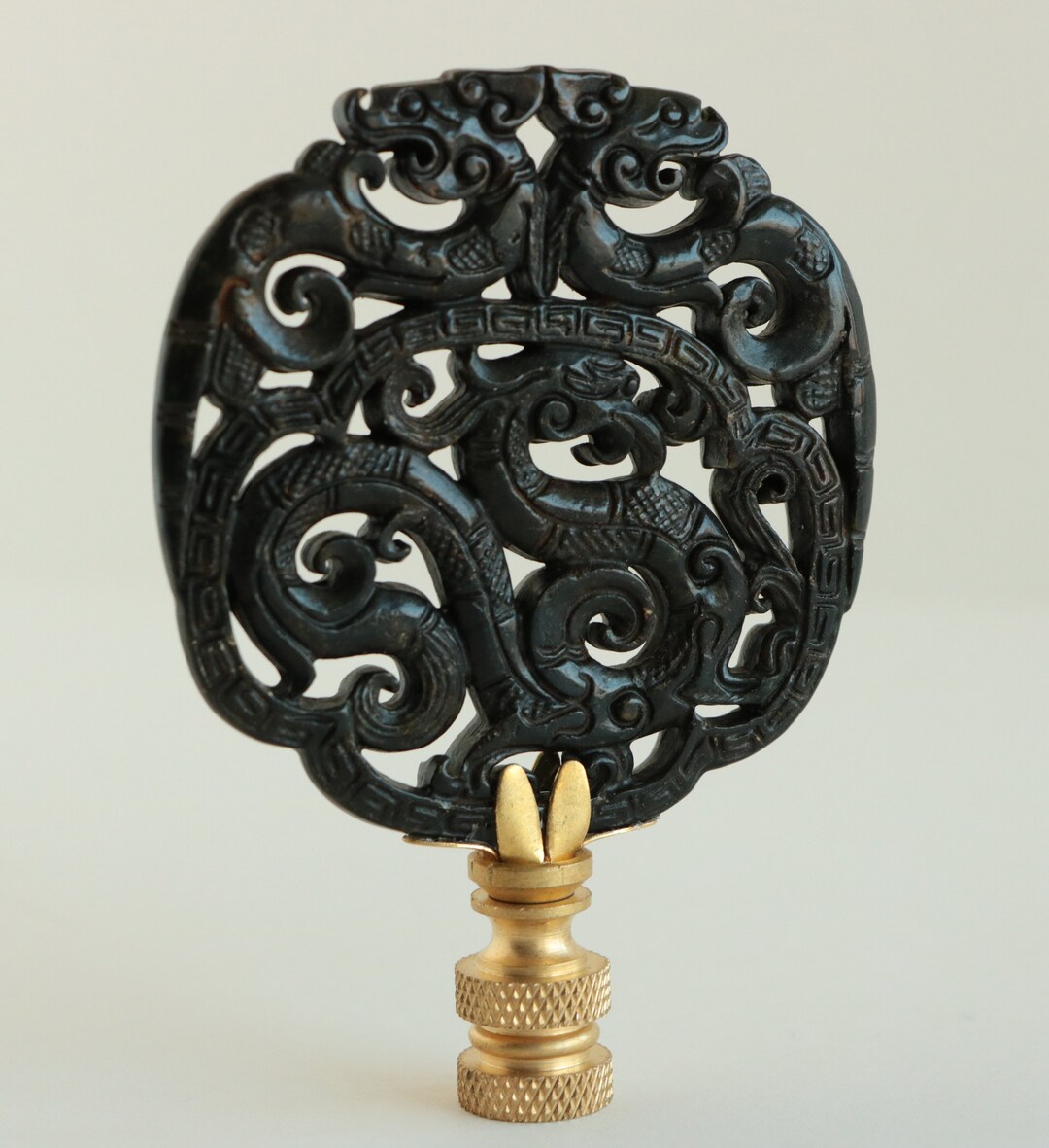 Chinese Key Fret Carved Stone Lamp Finials in Black & Gold on Brass ...