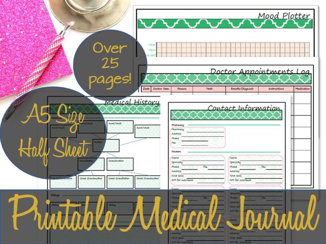 Medical and Health Printables A5 Size Half Sheet, Doctor Log, Symptom ...