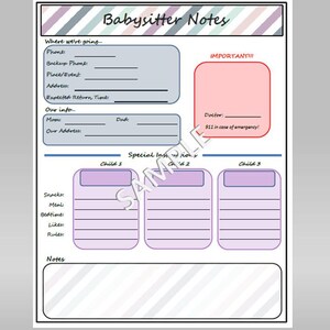 Babysitter Notes Printable Sheet, Babysitter Info, Babysitter Notes ...