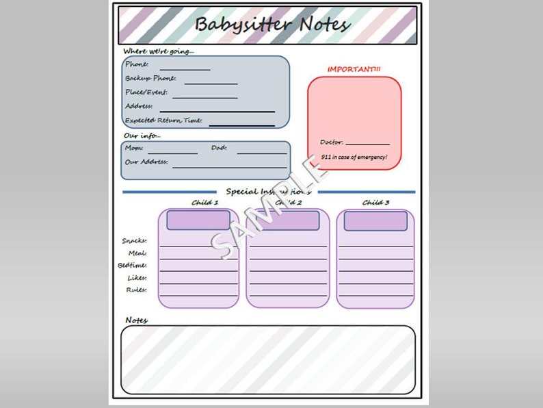 Babysitter Notes Printable Sheet, Babysitter Info, Babysitter Notes ...