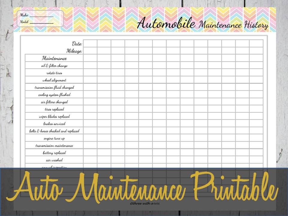 Automobile Maintenance History Printable Insert, Vehicle Maintenance ...