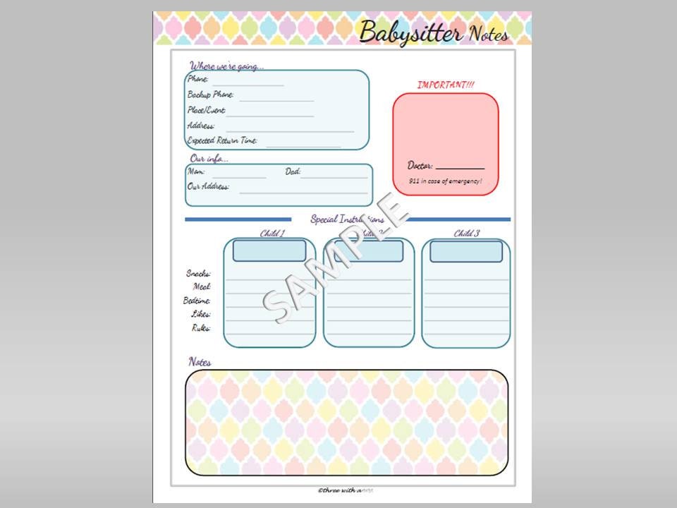Babysitter Notes Printable Sheet, Babysitter Info, Babysitter Notes ...