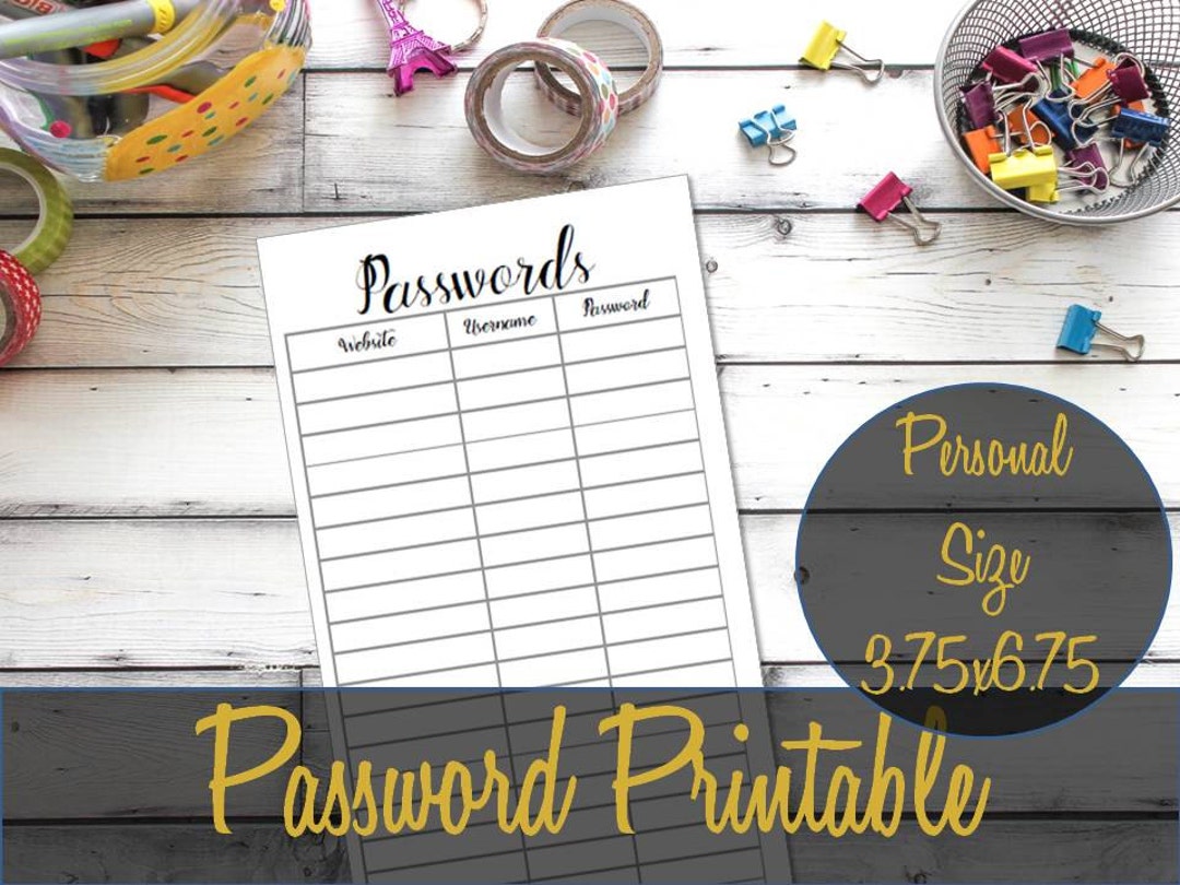 Password Personal Size Printable Insert 6.75x3.75 Black and White ...