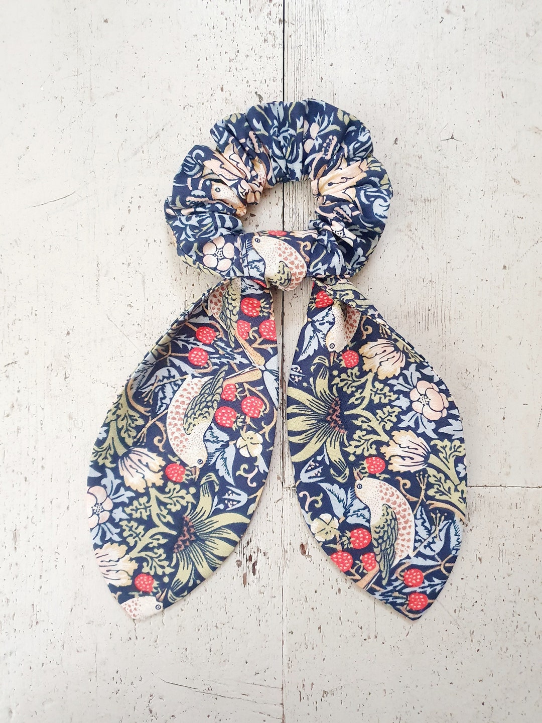 William Morris, Blue Strawberry Thief, Handmade Scrunchie, Scarf Bow ...
