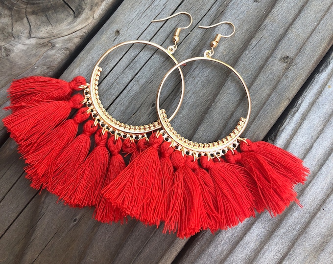 Red Fringe Earrings With Gold Accents Gold Earrings Red Earrings Red ...