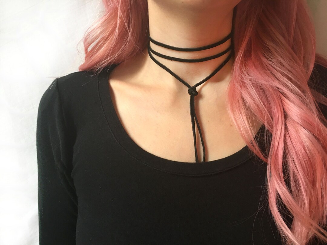 Black Double Wrap Suede Leather Choker With Knotted Bolo, Double Wrap ...