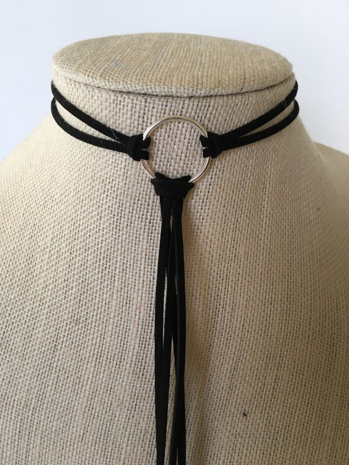 Black Fringe Suede Leather Choker Necklace Bolo, O Ring Choker, Black ...