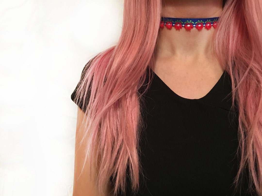 Navy Choker With Cute Red Fringe Detail Floral Choker Floral Necklace ...
