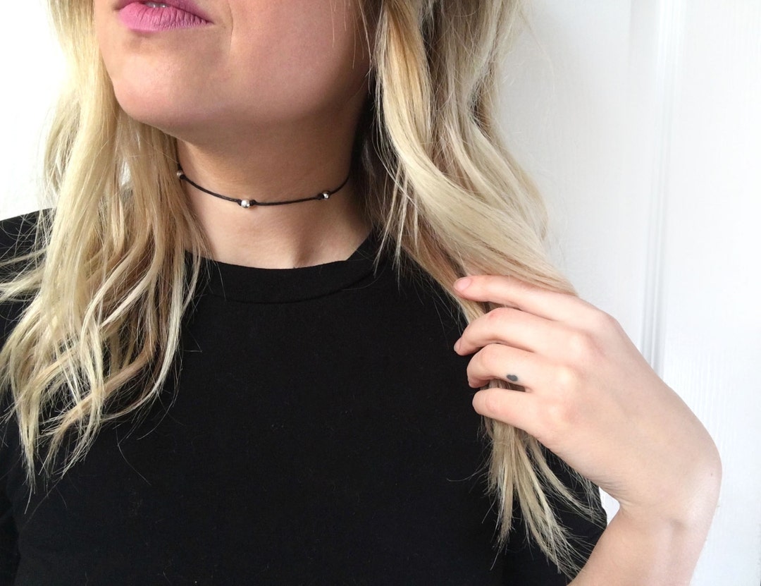 Thin Silver Beaded Choker Necklace, Black Choker, Thin Black Choker ...