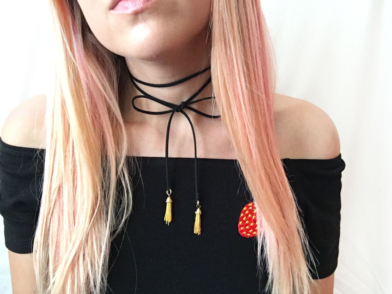 Black Suede Leather Choker With Gold Fringe Detail, Gold Choker, Fringe ...